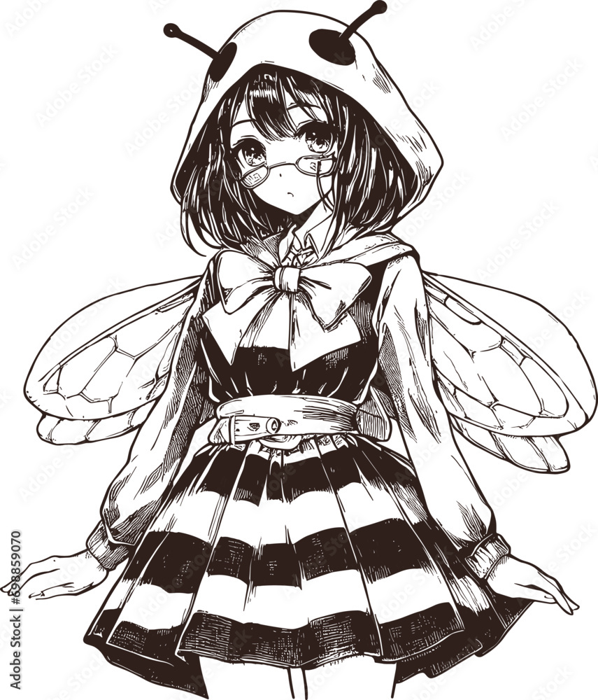 Anime girl wearing a bee cosplay, vector illustration on white ...