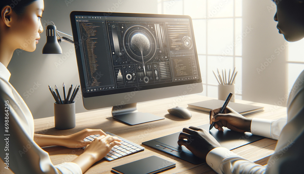 Modern workspace with AI tool in action, hands typing and using stylus ...