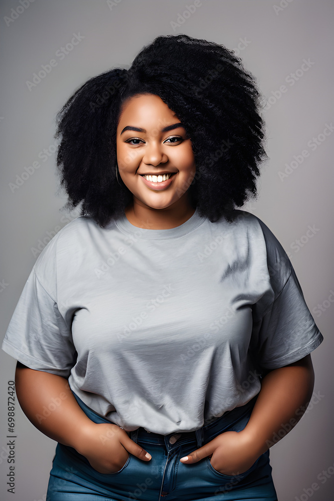 beautiful plus-size african american black model in a t-shirt and jeans ...