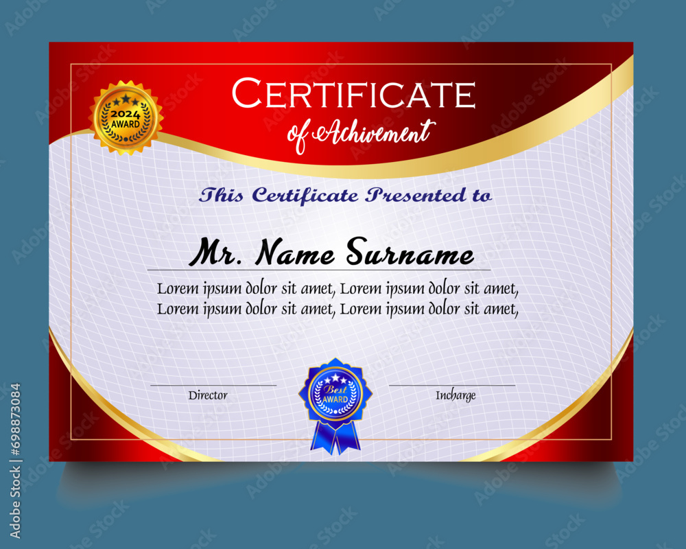 Certificate of achievement template set with gold badge and border ...