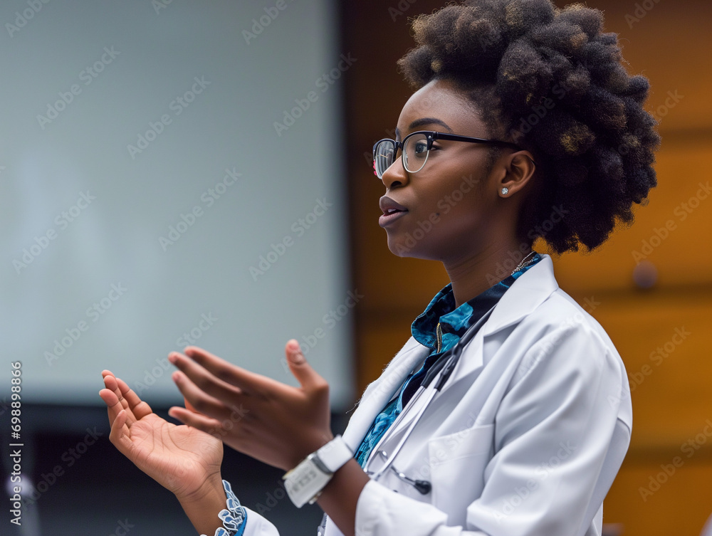 An African-American Scientist Giving A Public Lecture On Her ...