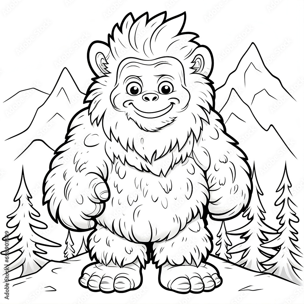 Cute cartoon bigfoot in a snowy mountains landscape. Monster coloring ...