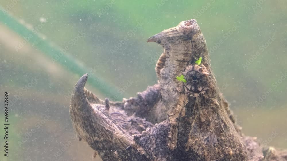 The head of a snapping turtle with its mouth open moving its tongue as ...