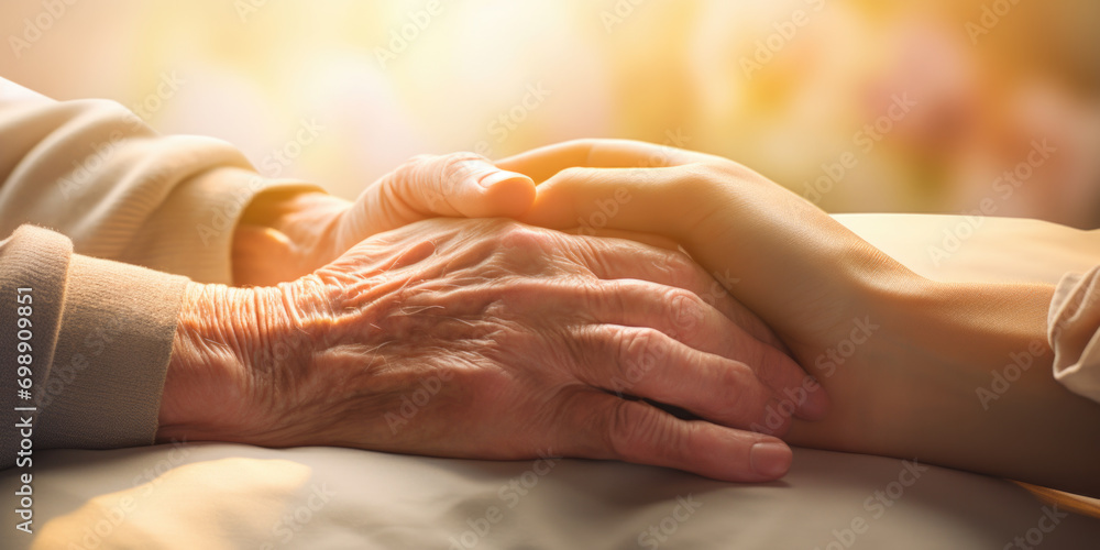 Compassionate Elderly And Young Hands In Palliative Care Stock Photo