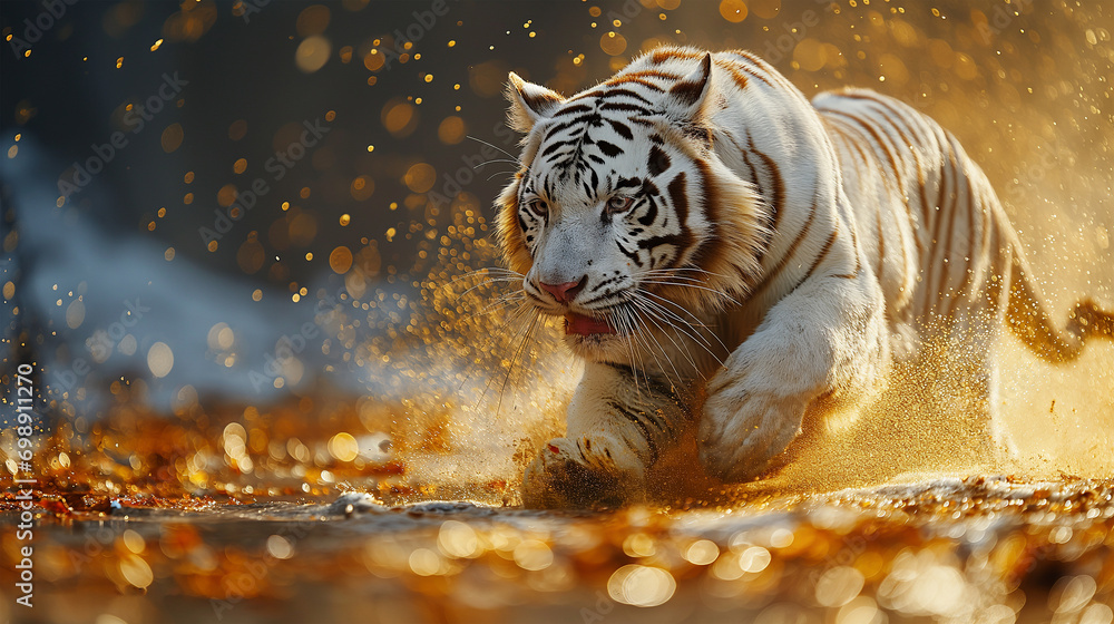 Tiger in the nature habitat. Tiger running out during the golden light ...