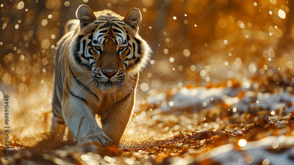 Tiger in the nature habitat. Tiger running out during the golden light ...