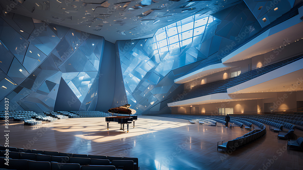 Futuristic concert hall interior, in the style of Tadao Ando, with ...