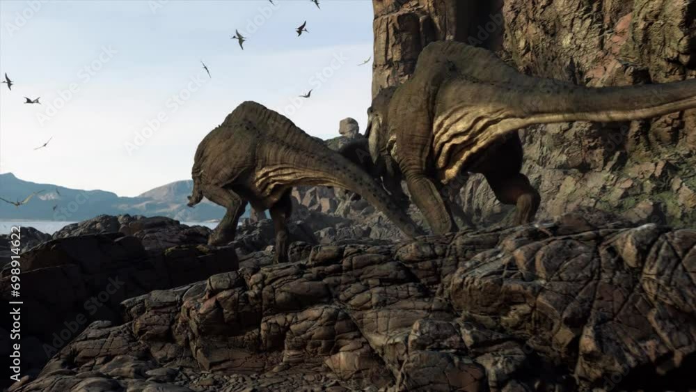 T Rex Tyrannosaurus dinosaurs hold hunted prey in jaws, 3D animation ...