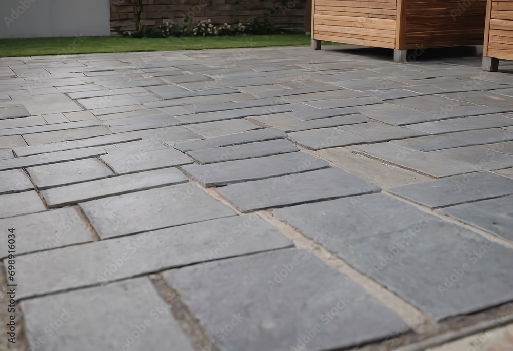 Laying gray concrete paving slabs in house courtyard driveway patio ...