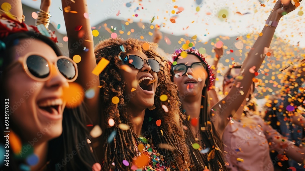 A diverse group of young people joyfully celebrates a gay pride ...