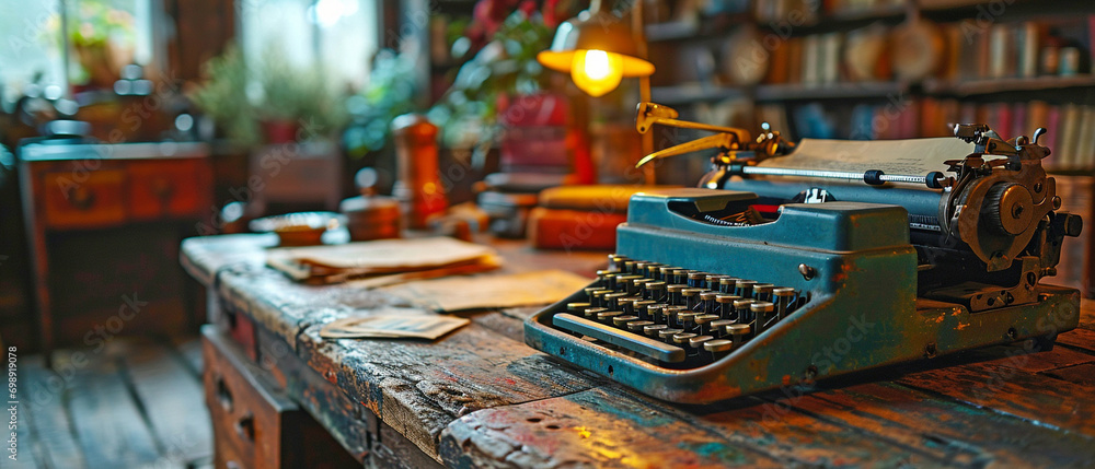 aged wooden desk illuminated by a lamp with a typewriter and antique ...