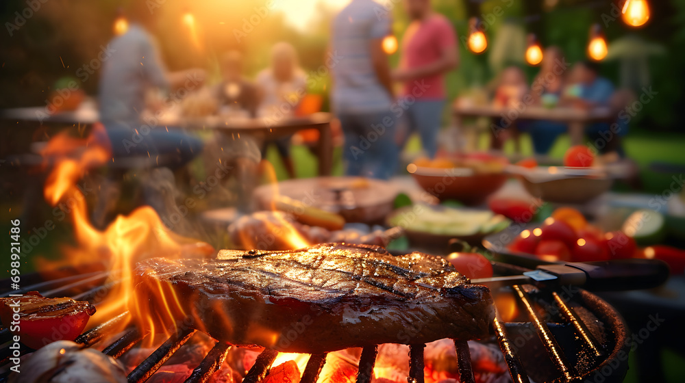 Barbecue party with people in the background, grilled steak, grilled ...