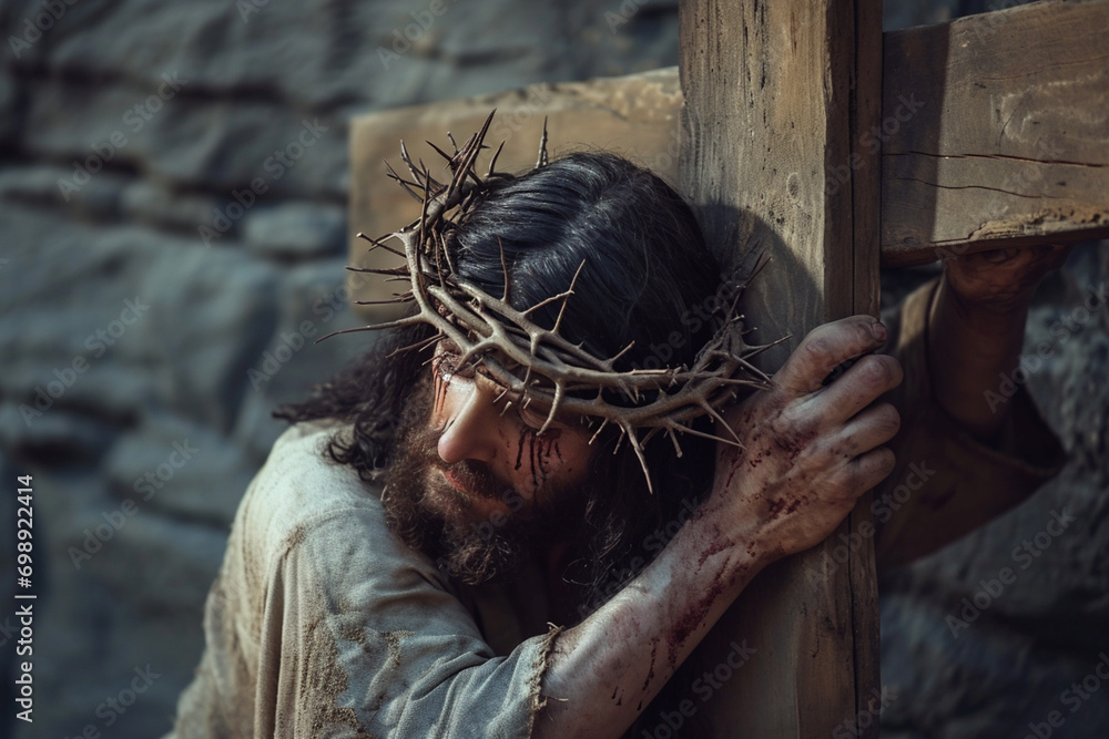 Foto de Jesus Christ wearing a crown of thorns carries his cross, Good ...
