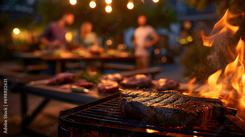 Barbecue party with people in the background, grilled steak, grilled ...