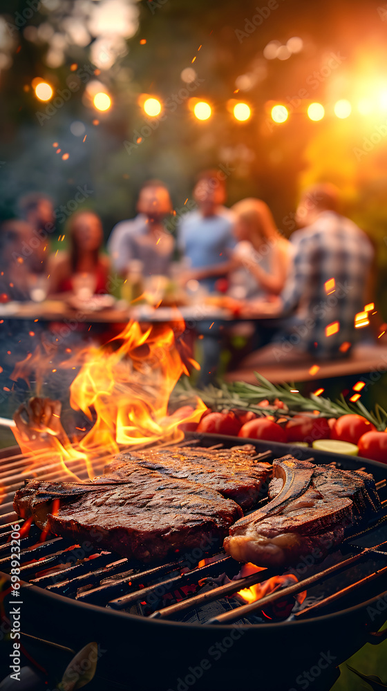 Barbecue party with people in the background, grilled steak, grilled ...