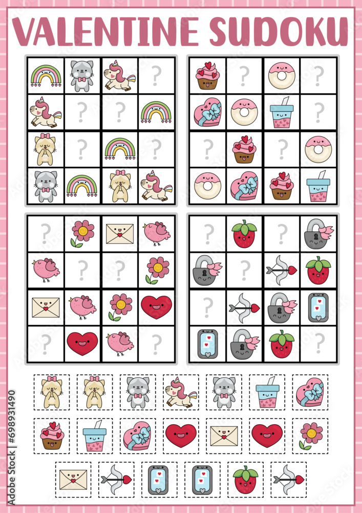 Vector kawaii Saint Valentine sudoku puzzle for kids with pictures ...