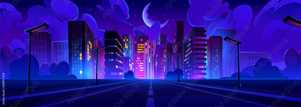 Empty road leads to city with multistorey buildings and neon lights at ...