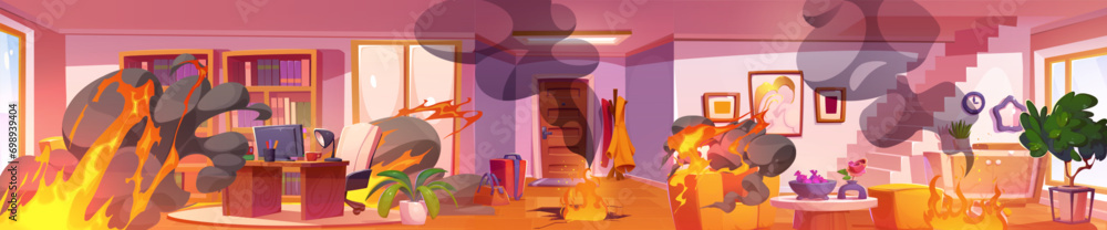 Fire inside of house or apartment - panoramic home interior. Horizontal ...