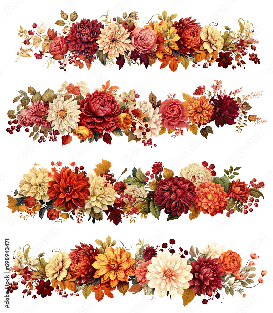 Fall floral skinny border frame clipart of ranunculus, mums, roses ...