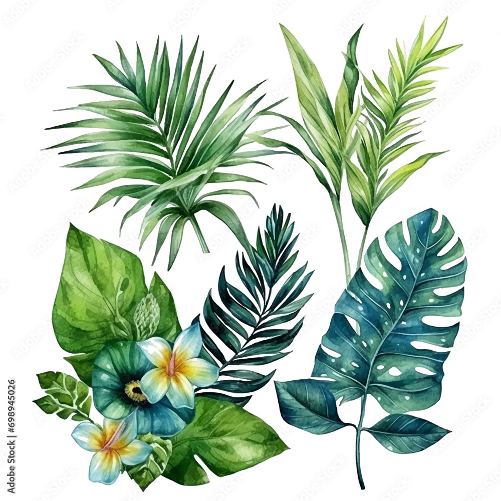 Vector illustration of watercolor-style tropical leaves, including palm ...