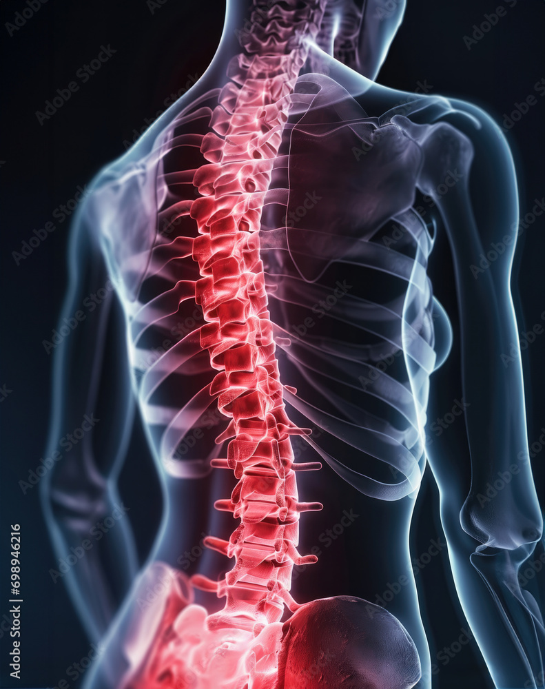 Human anatomy transparent human skeleton with spine highlighted in red ...