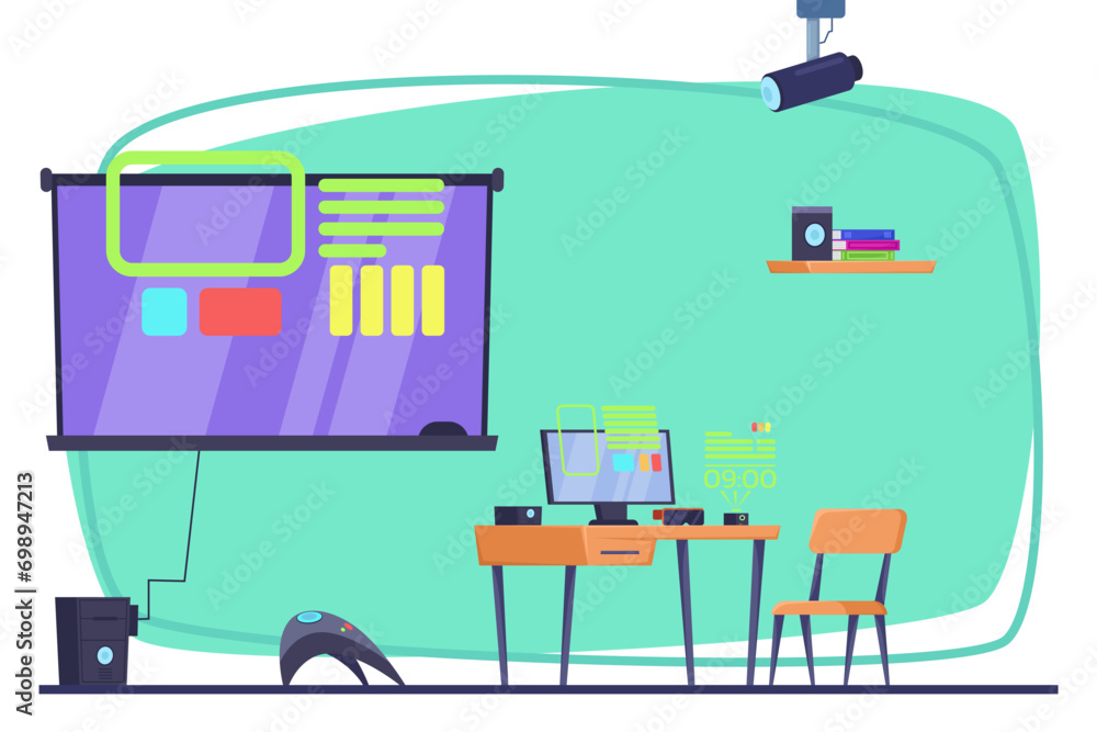 Virtual classroom with modern equipment flat vector illustration. Video ...
