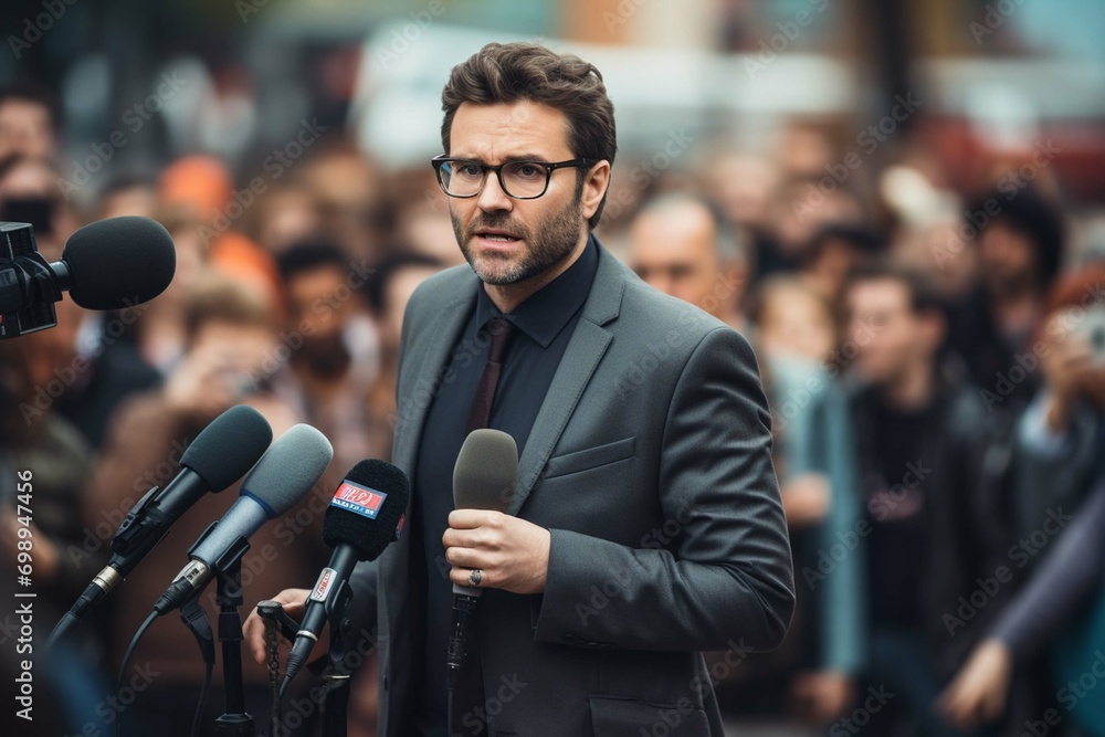 Foto de Man public black speaker giving speech in front of tv camera or ...