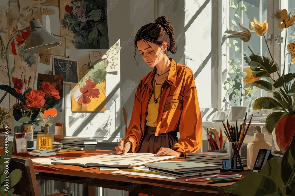 A fashion designer sketching new designs in a stylish studio ...