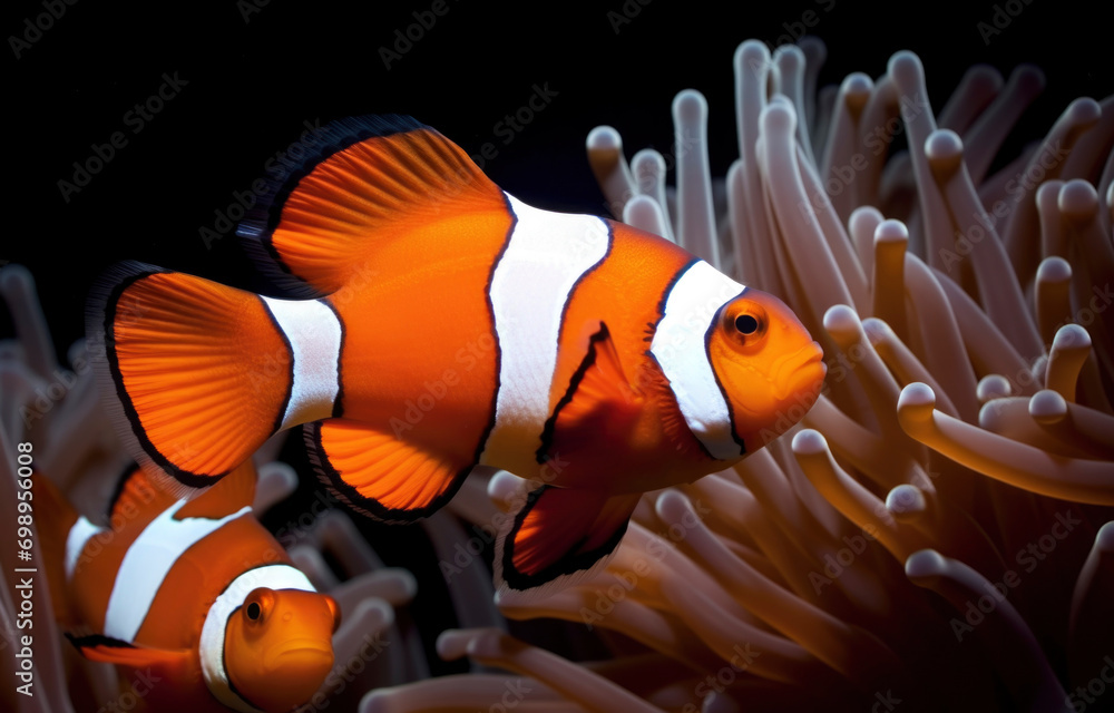 The ocellaris clownfish (Amphiprion ocellaris) swim among the tentacles ...