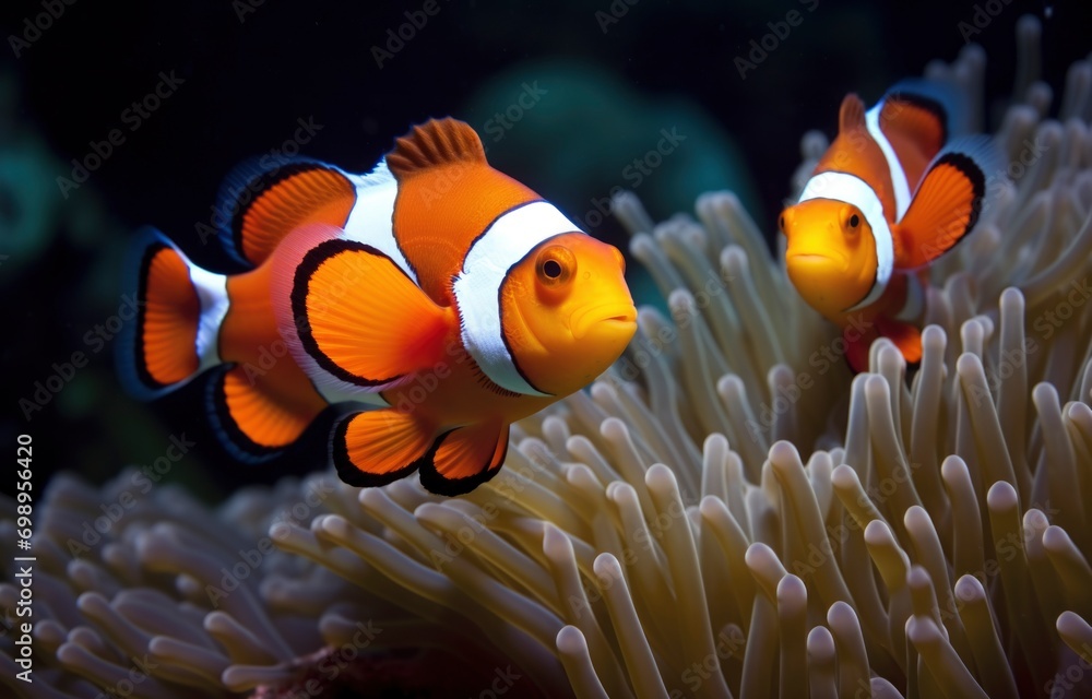 The ocellaris clownfish (Amphiprion ocellaris) swim among the tentacles ...