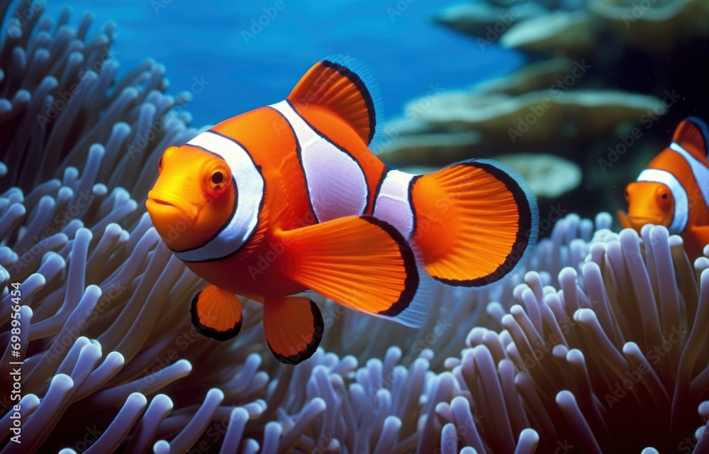 The ocellaris clownfish (Amphiprion ocellaris) swim among the tentacles ...