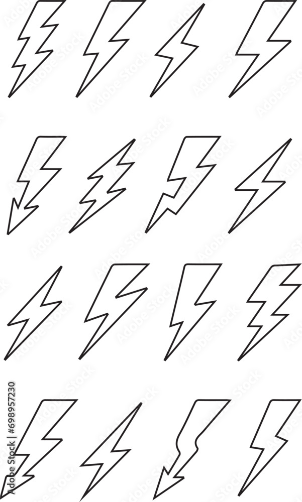Vetor de Lightning bolt flash icon set. Energy power charge sign. Thunderstrike electricity ...
