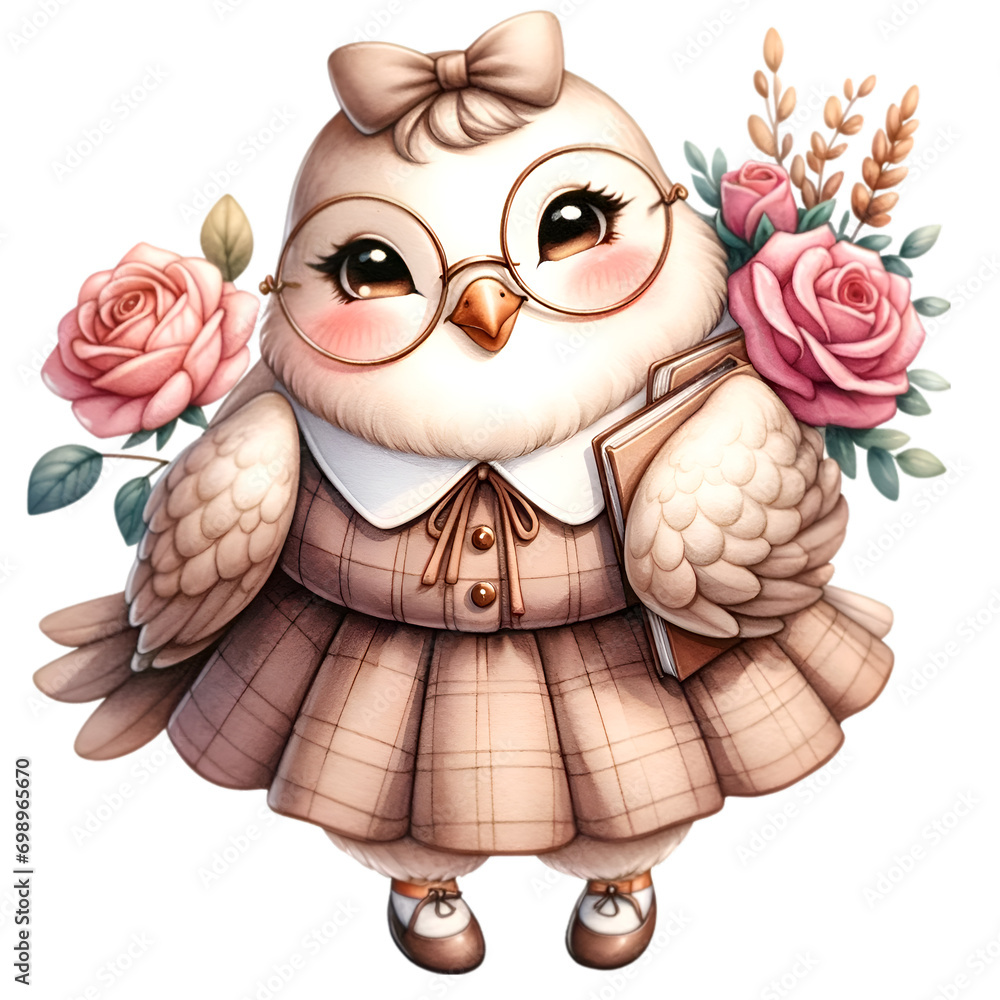 watercolor illustration of a cute chubby Dove Columbidae bird character ...
