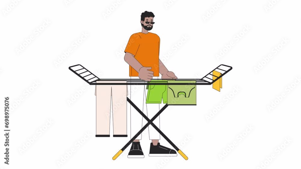 Air drying clothes on rack line cartoon animation. Saving energy at ...
