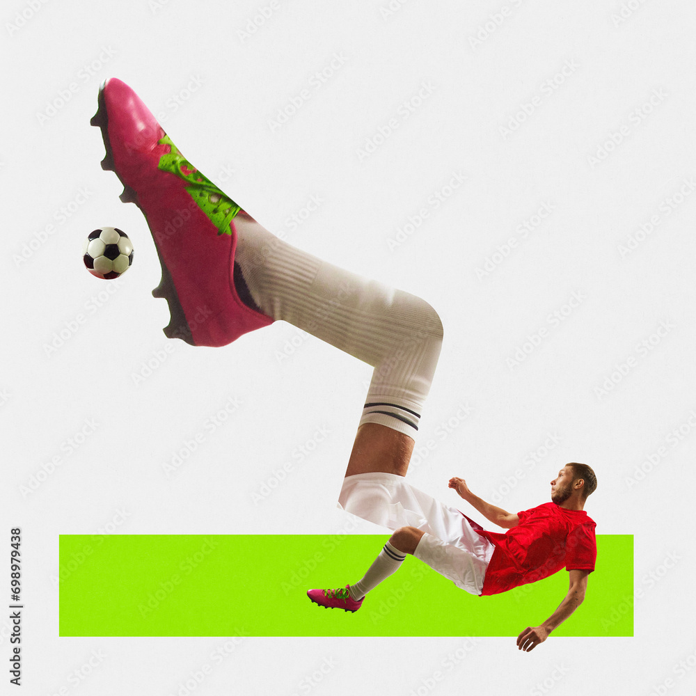Contemporary art collage. Professional soccer player with long leg ...