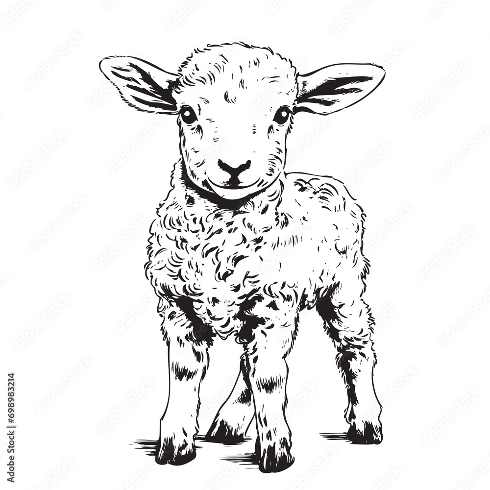 Farm cute lamb standing hand drawn sketch Vector illustration animals ...
