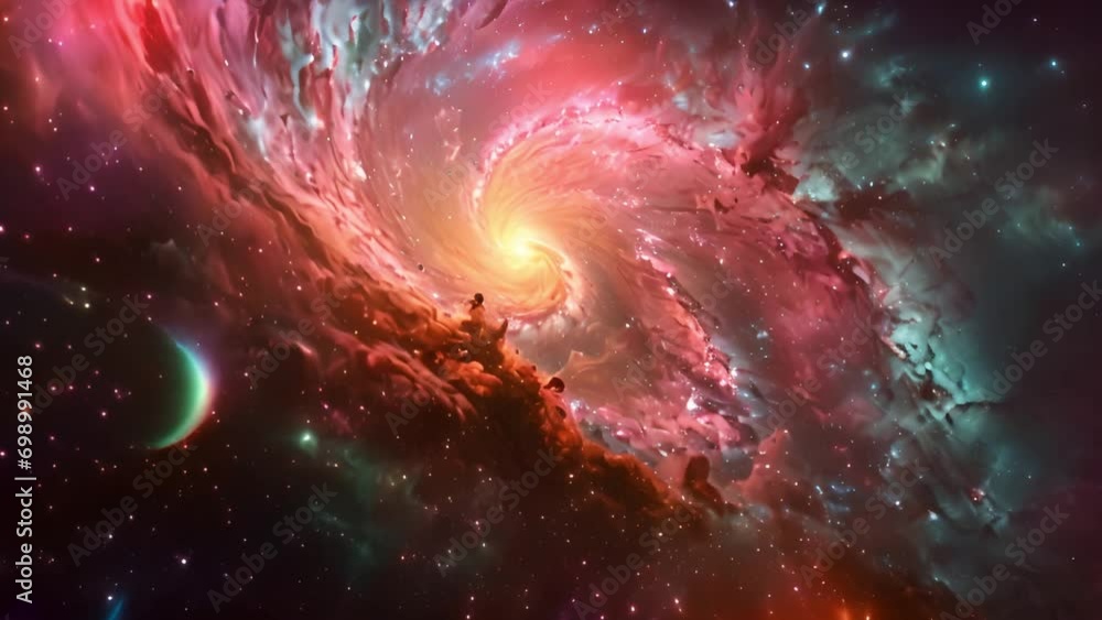 Seamless loop galaxy exploration through outer space towards glowing ...