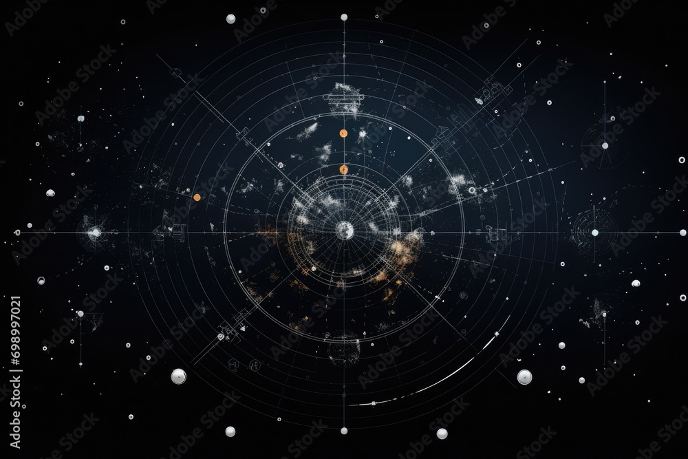 Astronomical chart and satellite on dark background. 3D rendering, A deep dive into the abstract ...