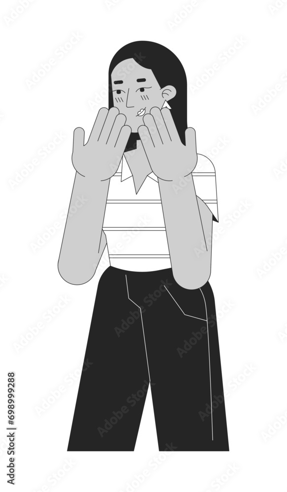 Embarrassed middle eastern young adult woman black and white 2D line ...