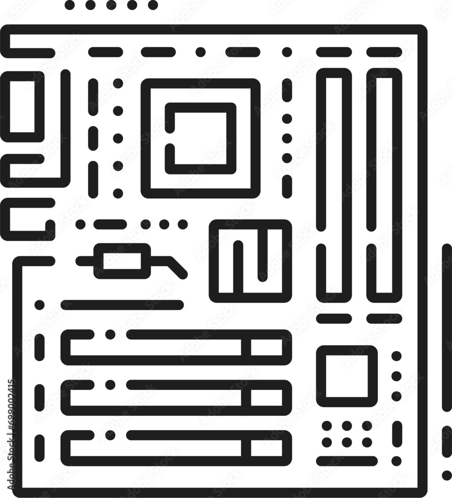 Motherboard line icon for computer PC mainboard hardware, vector outline symbol. PC or laptop ...