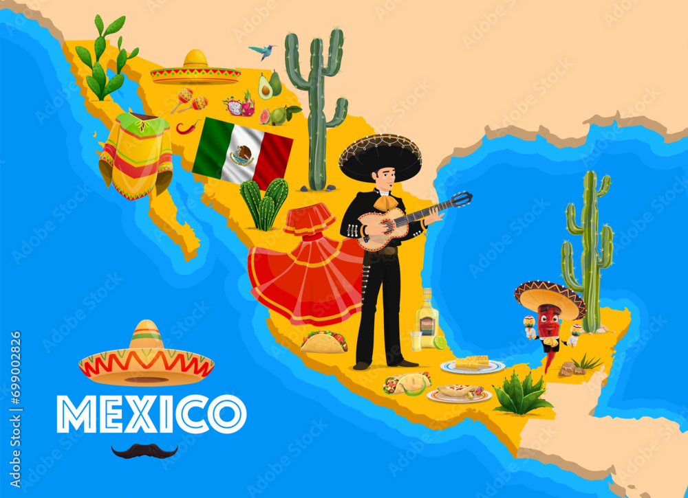 Mexico map with national characters, cuisine, fruits and plants, vector ...
