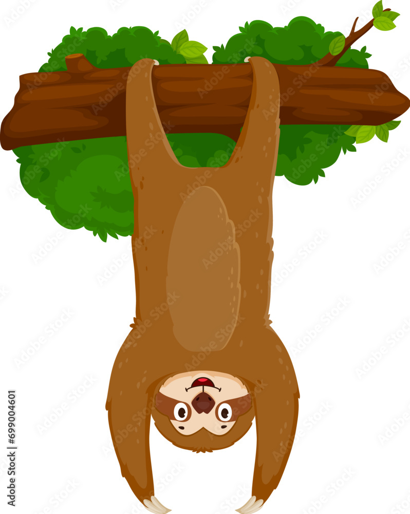 Cartoon funny sloth character wearing a goofy grin, dangles upside-down ...