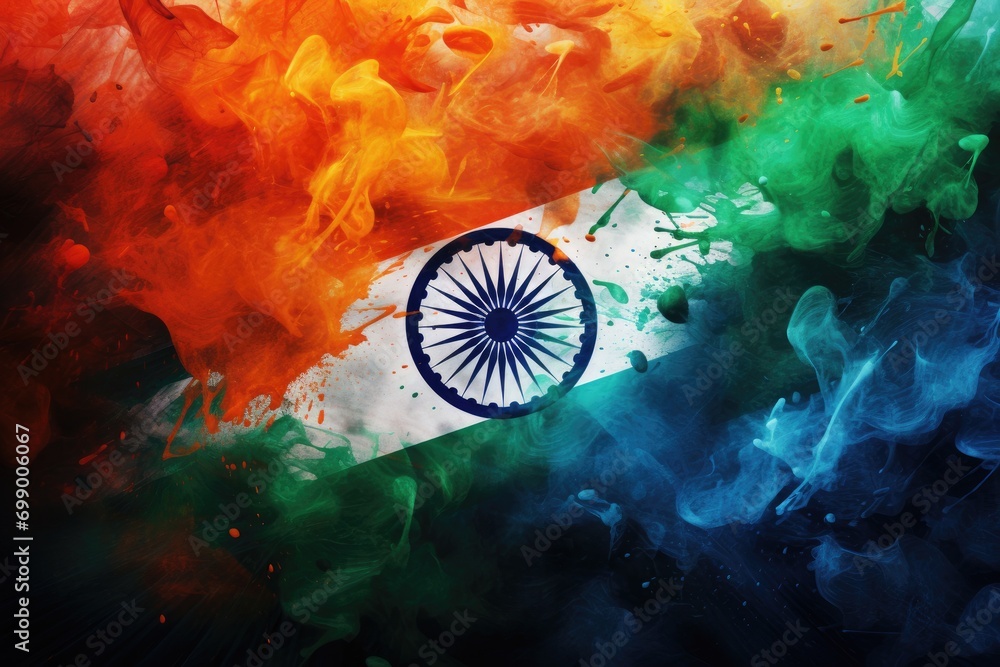 National flag of India with a cloud of colored smoke on a black ...