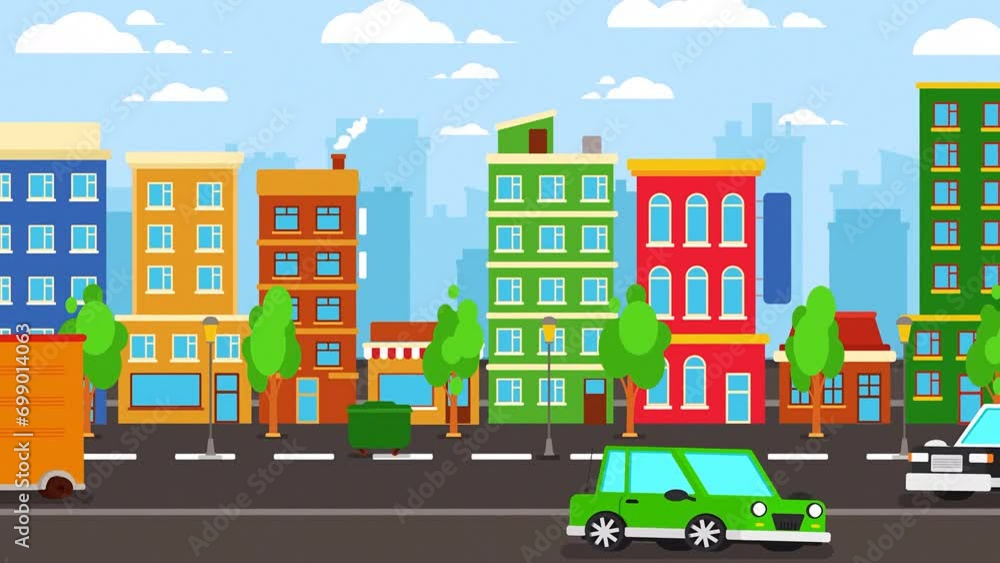 2d Animated Scene Of City Street With Buildings And Cars. Vehicles ...
