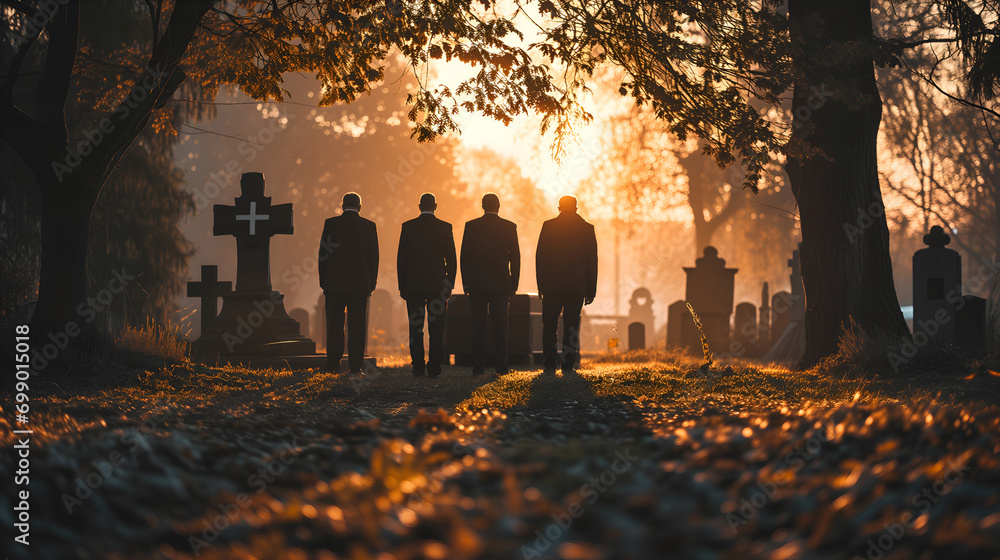 Sunlit funeral scene with mourners at graveside, back view in the ...