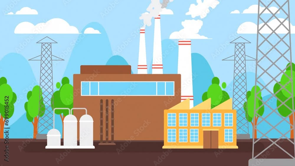 2d Animated Scene Of Industrial Landscape With Factory Building And ...