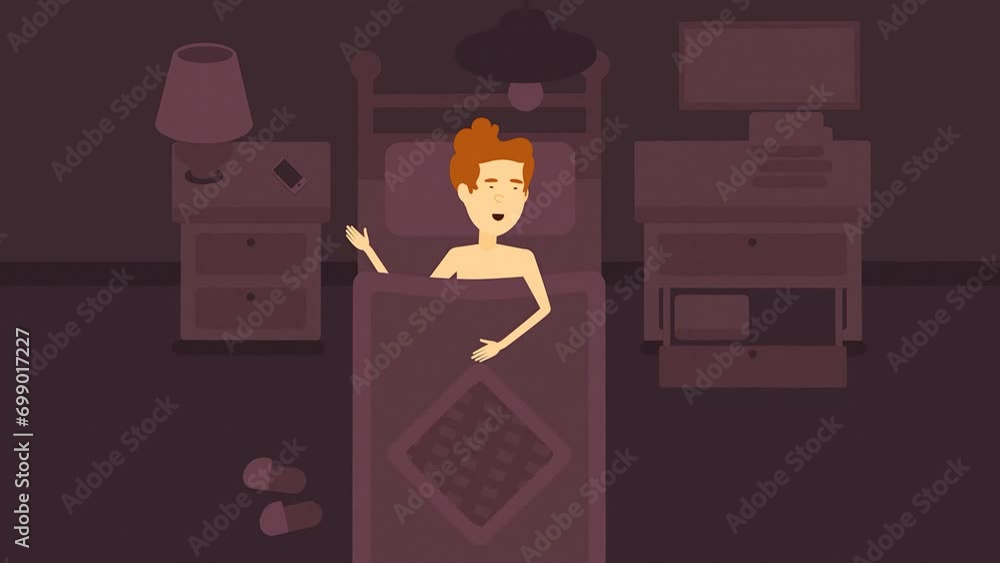 2d Cartoon White Man Sound Sleeping In Bed At Night, Covered With ...