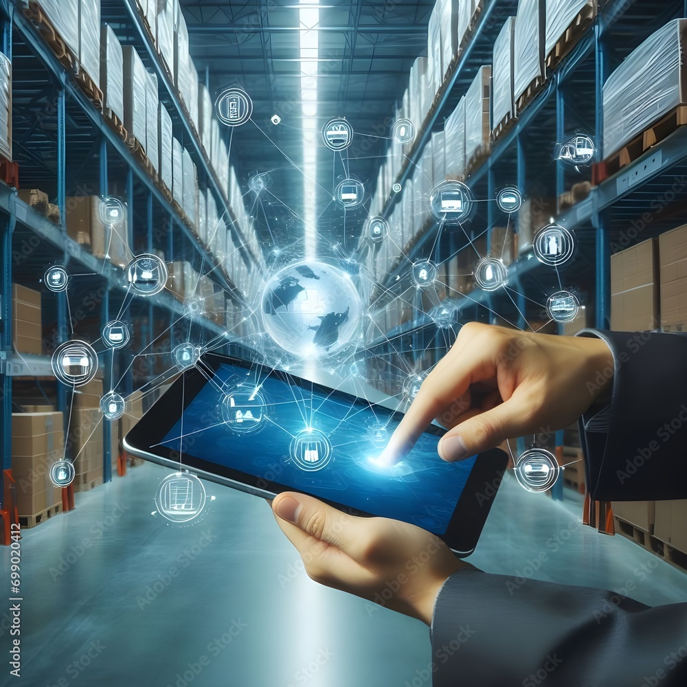 Smart tablet with holographic symbols icons floating around in ...