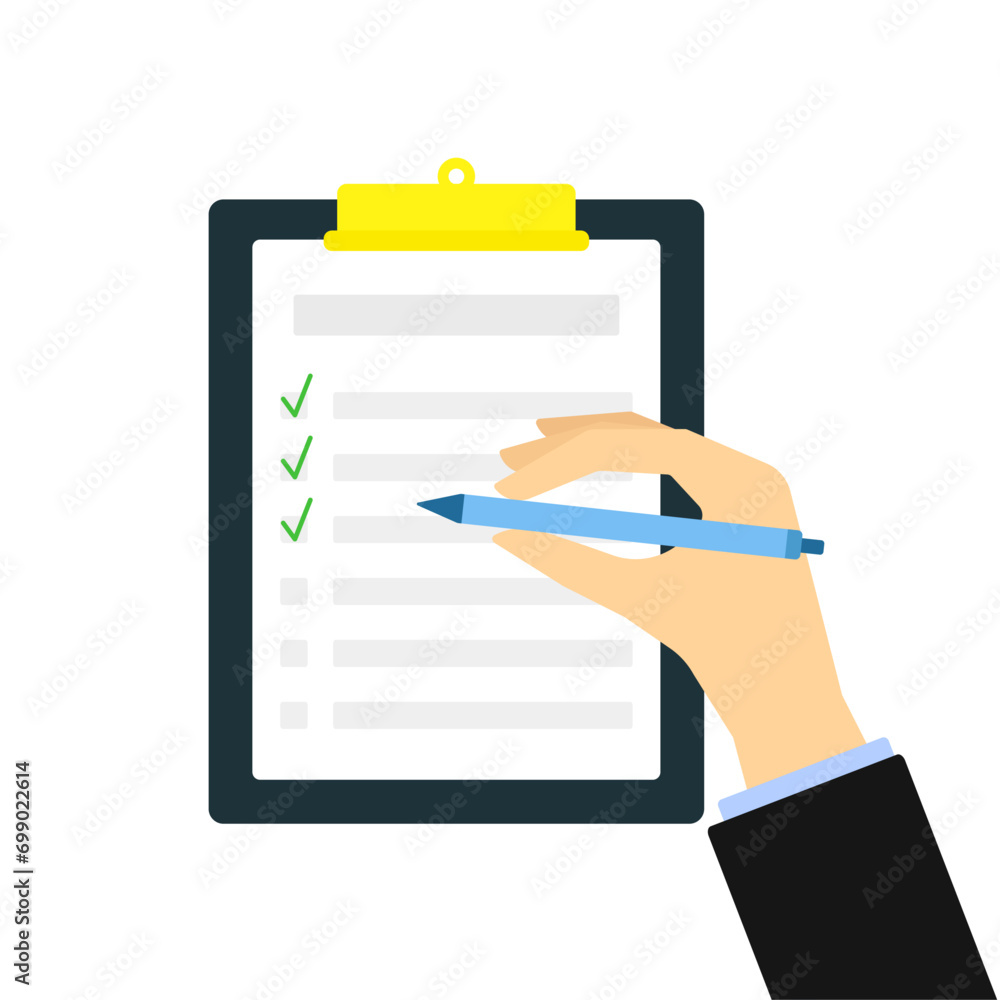 Tablet clipboard with a checklist with green checkmarks and a hand ...