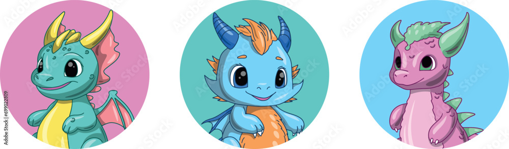 Little cute dragon faces set. Funny fantasy character portrait, round ...